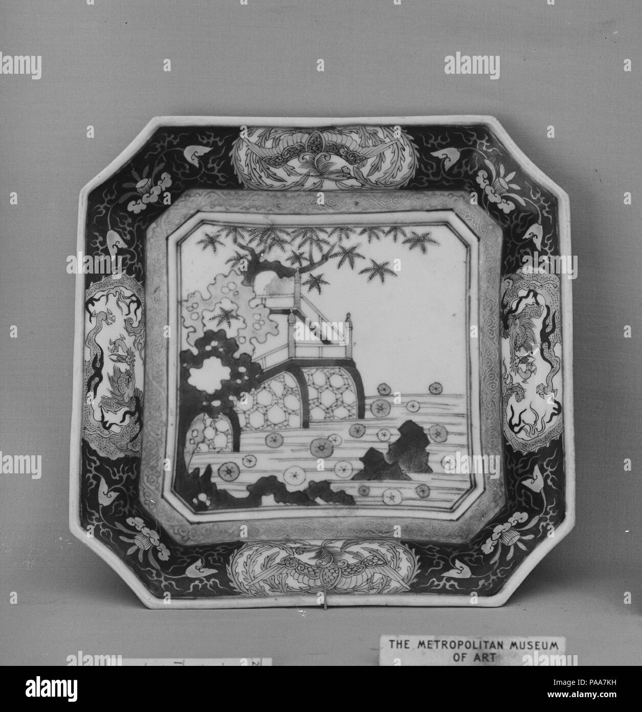 Square Dish with Stone Wall and Phoenix and Dragon Cartouches. Culture ...