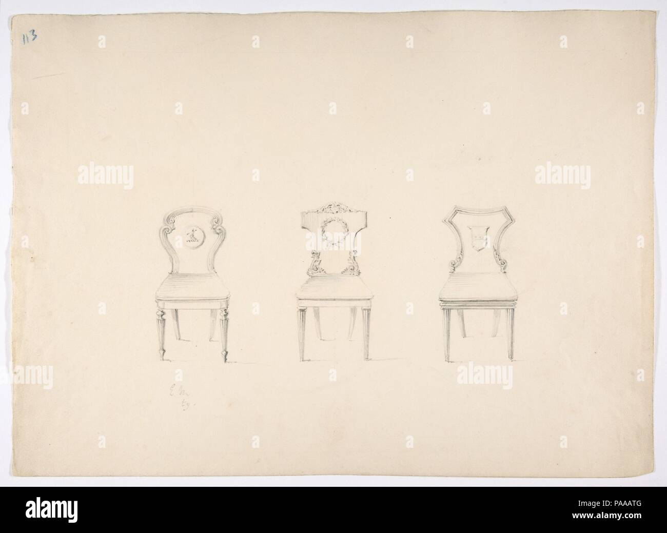 Design for Three Chairs with Arms or Devices on Backs. Artist ...