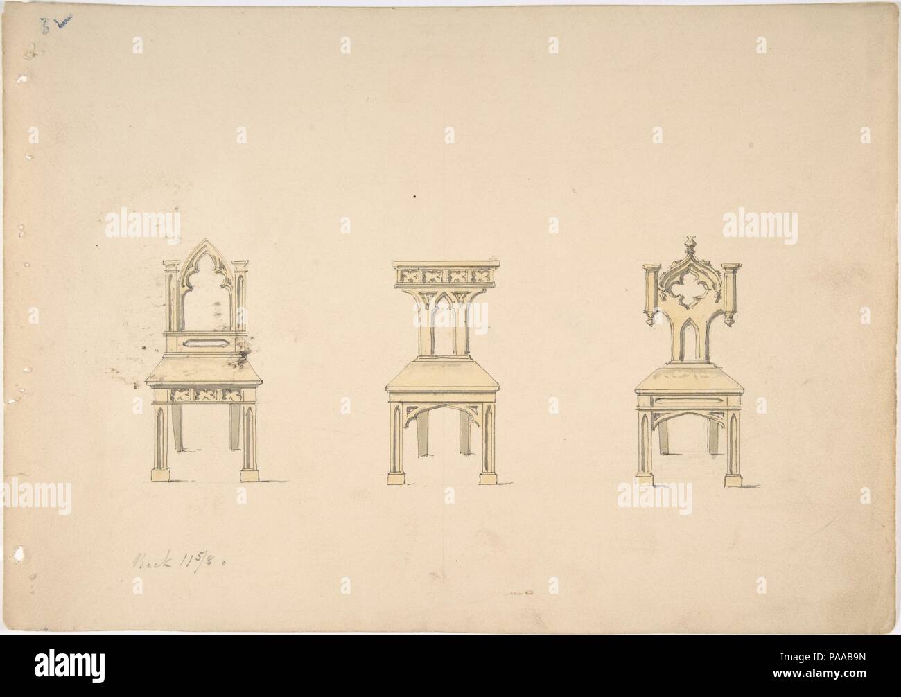 Design for Three Gothic Style Wooden Chairs. Artist: Anonymous, British ...