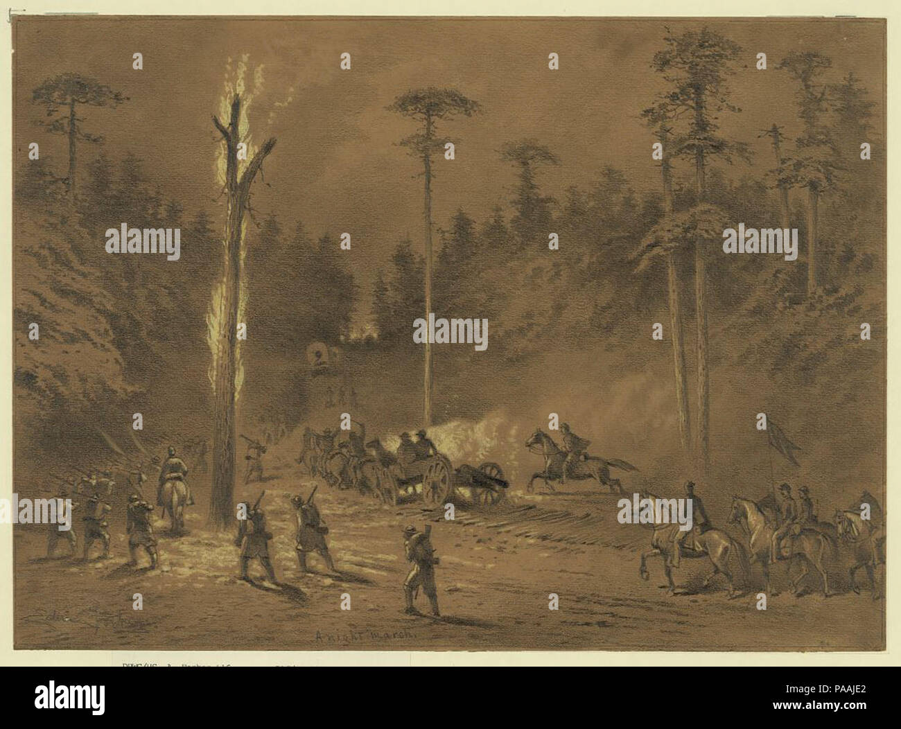 A night march. The army going into action through the woods Stock Photo ...