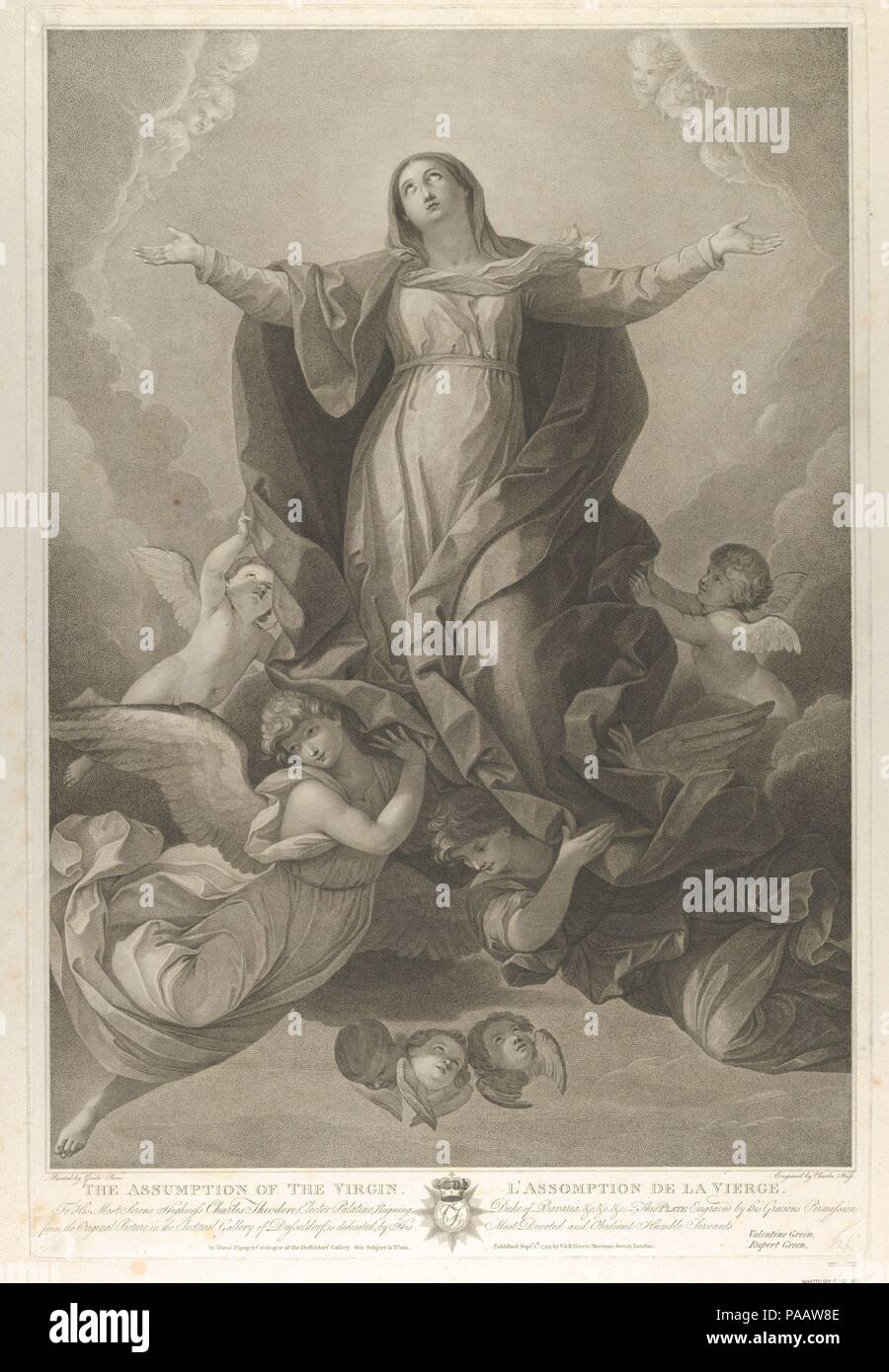 The assumption of the Virgin, who rises with arms outstretched, angels ...