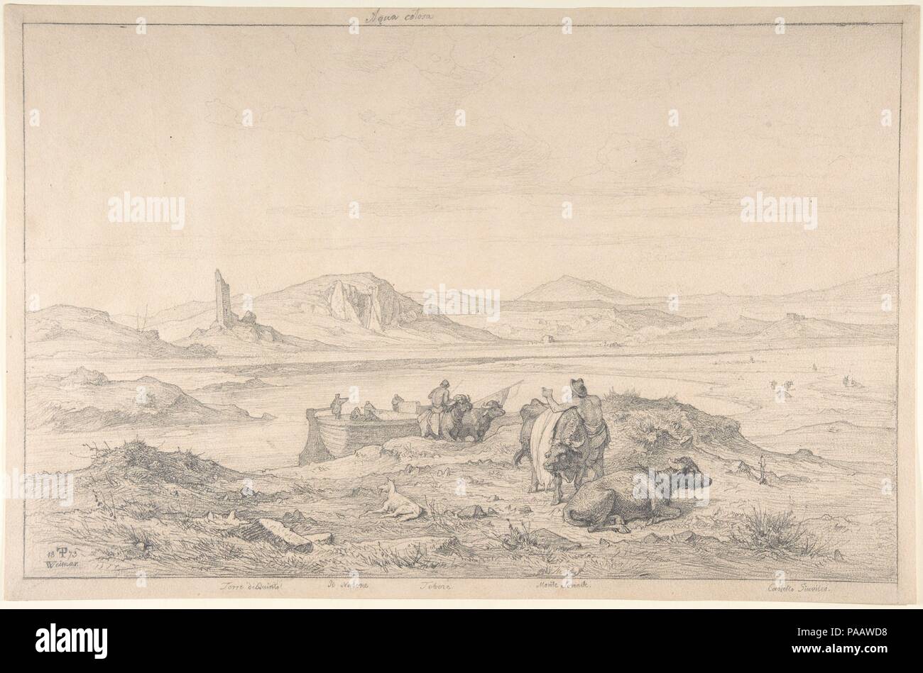 Italian Landscape with the Tiber River and Men with Cattle and a Boat ...