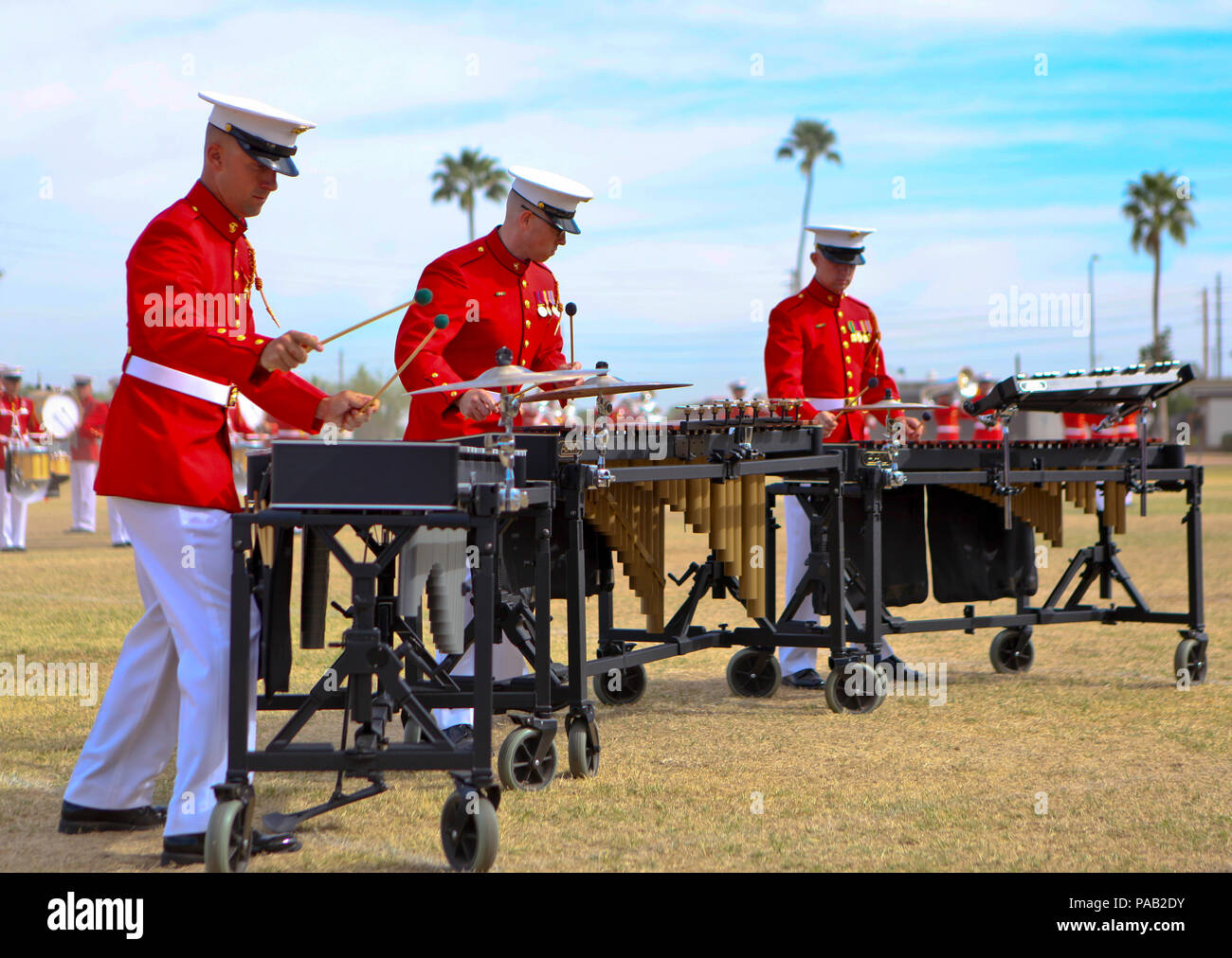 Members of the United States Marine Drum and Bugle Corps perform during ...