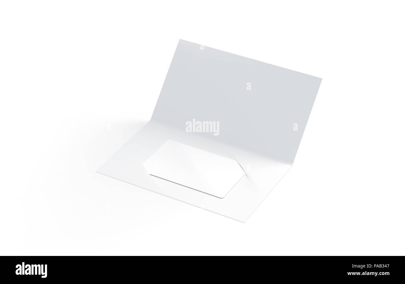 Blank white plastic card mock up inside paper booklet holder, 3d ...