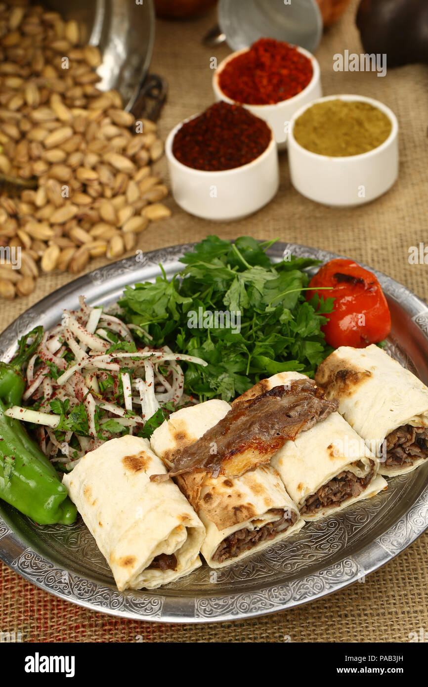 Meat doner kebab grilled meat and vegetables on plate Stock Photo - Alamy