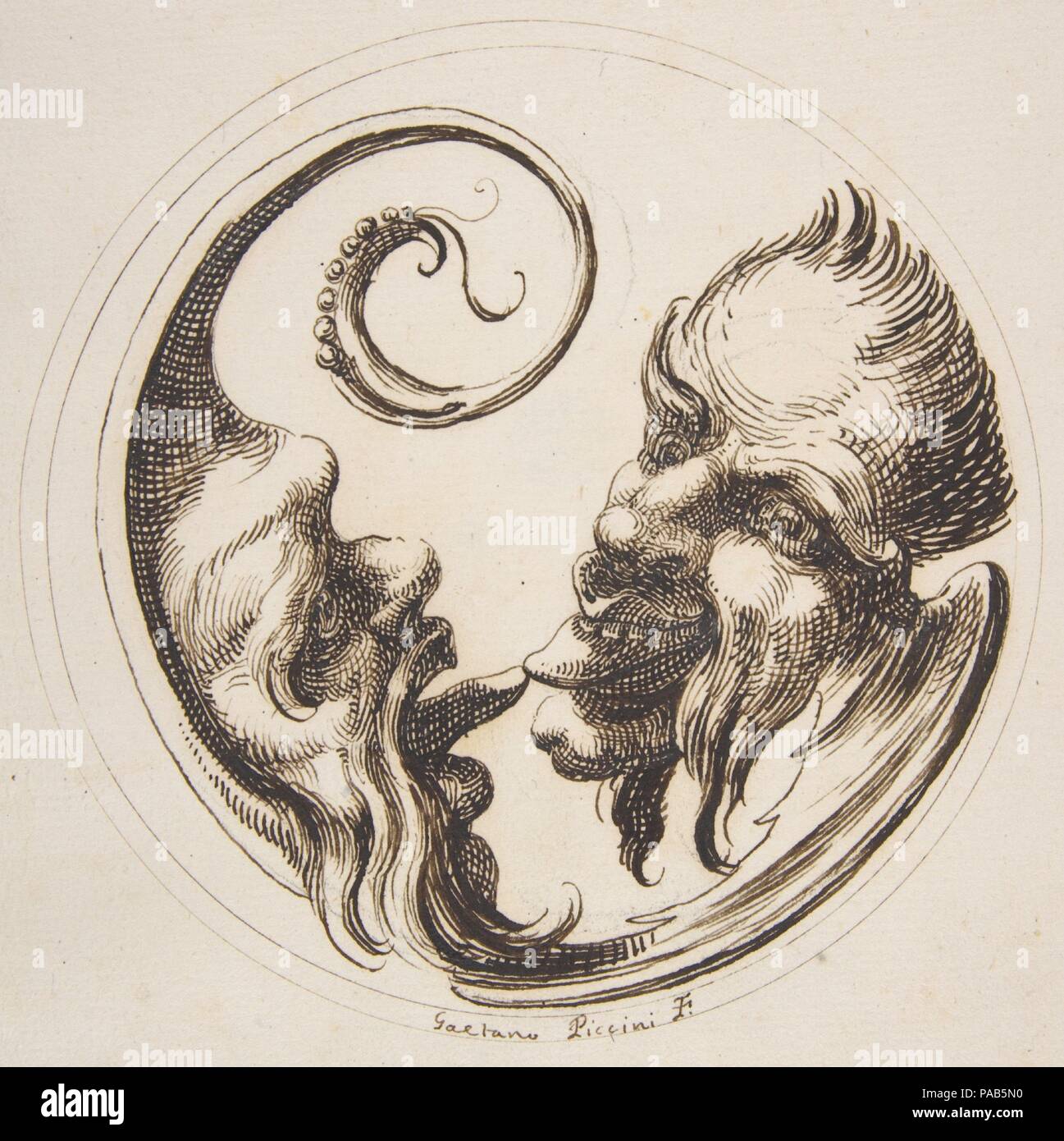 Two Grotesque Heads Facing One Another and Touching Tongues Within a ...