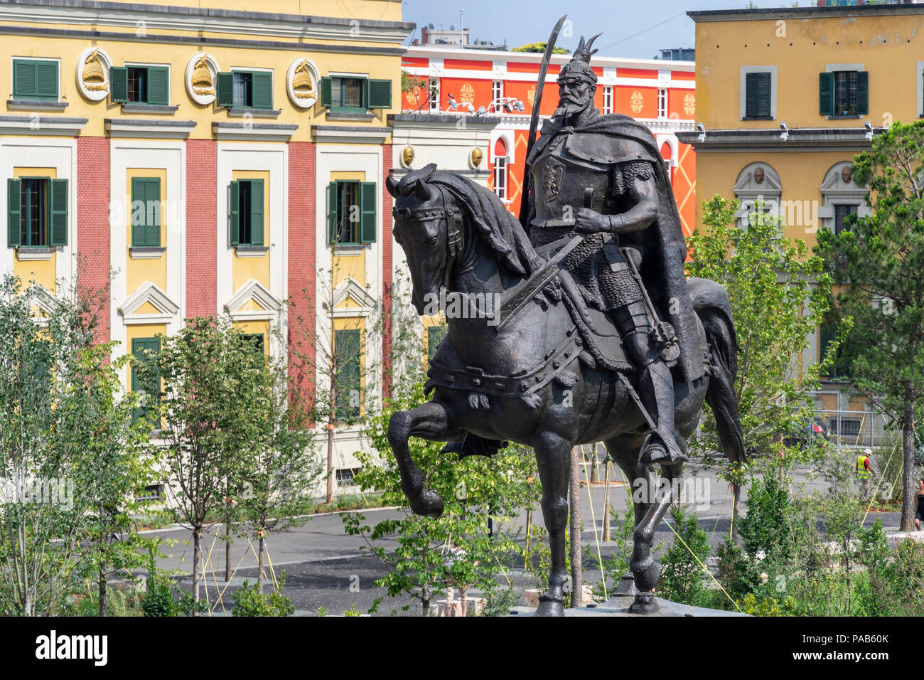 The Statue of Skanderbeg at the centre of Skanderbeg Square with the ...