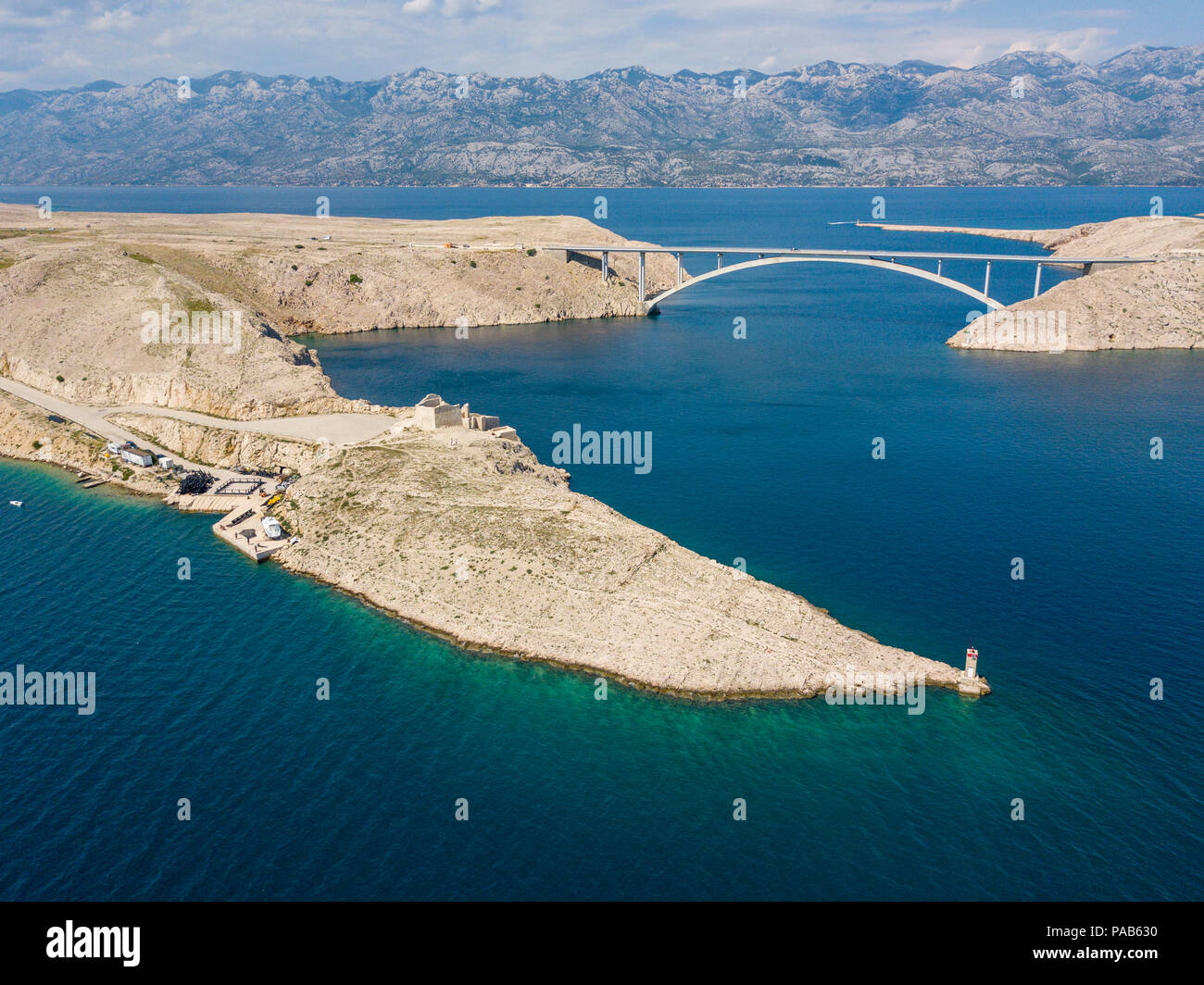 Aerial view of the bridge of the island of Pag, Croatia. Ruins of ...