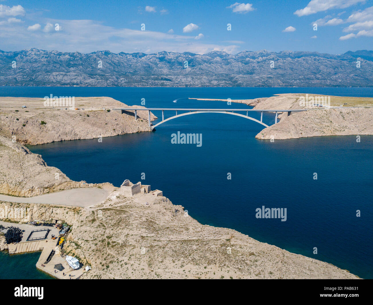 Aerial view of the bridge of the island of Pag, Croatia. Ruins of ...