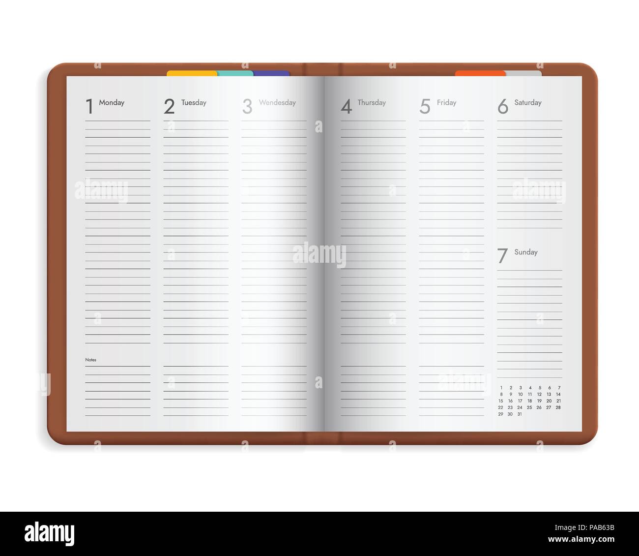 Open diary with weekly calendar in brown hardcover - vector Stock ...