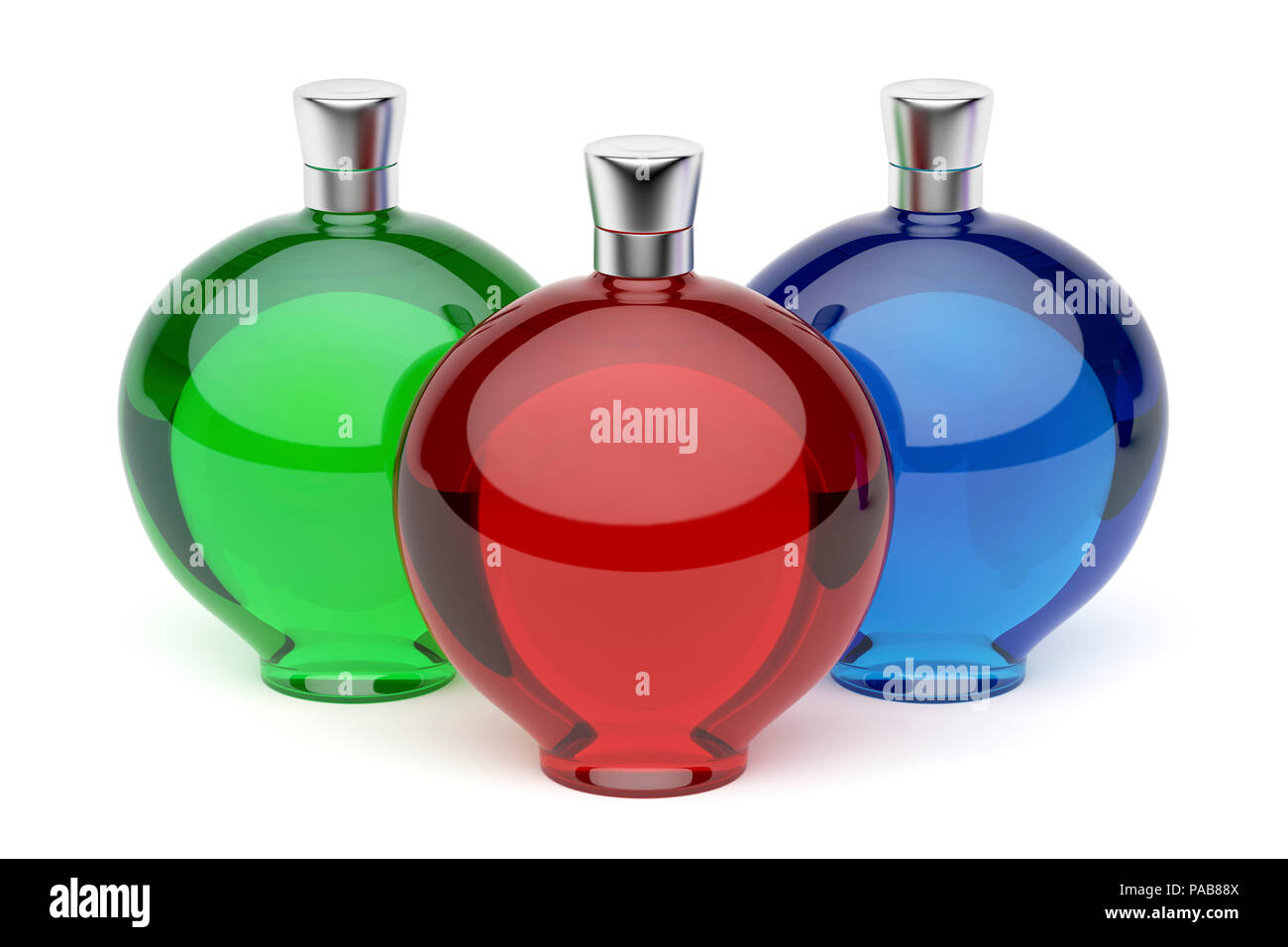 Three liqueur bottles with different colors on white background Stock ...