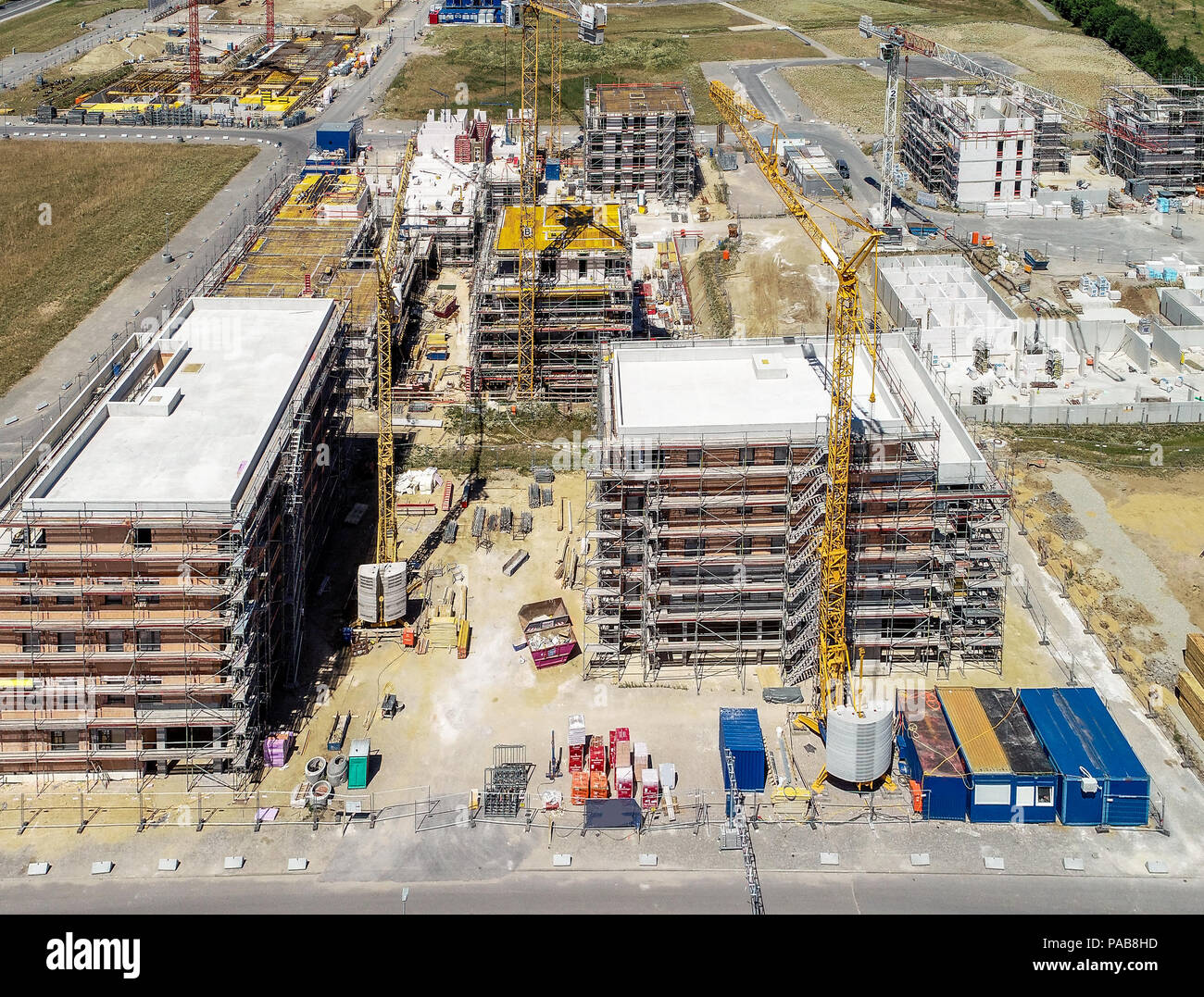 Aerial view of three large shell buildings for buildings with ...