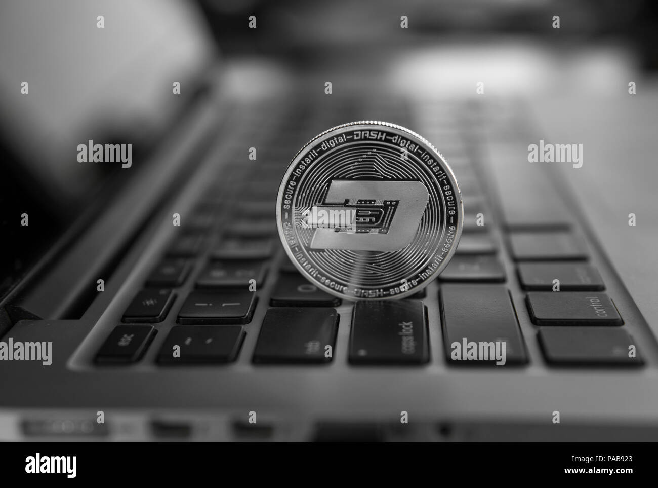 Dash coin symbol on laptop. Concept financial currency, crypto currency ...