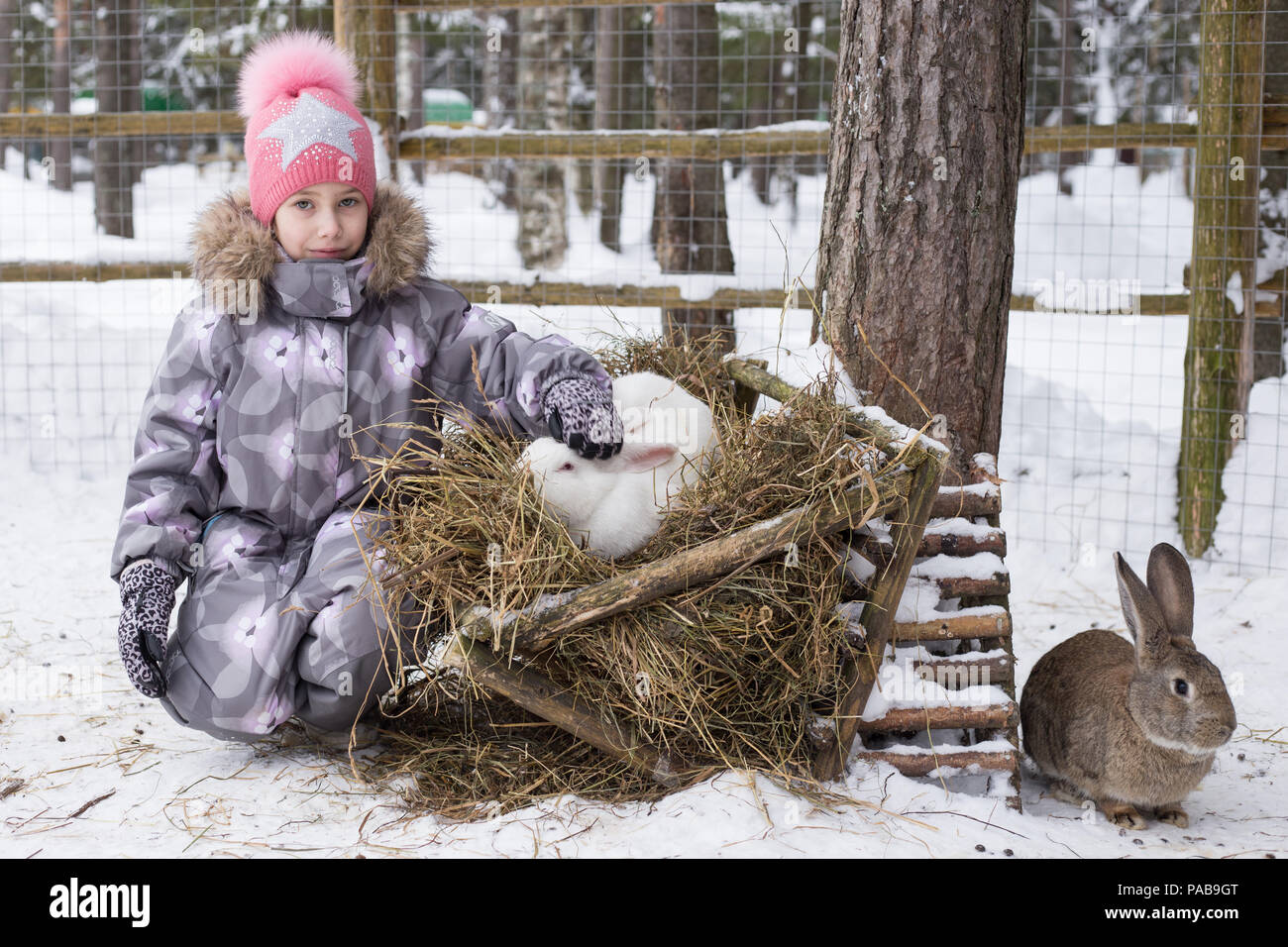 A cute little girl in a pink cap playing with a white rabbit Stock ...