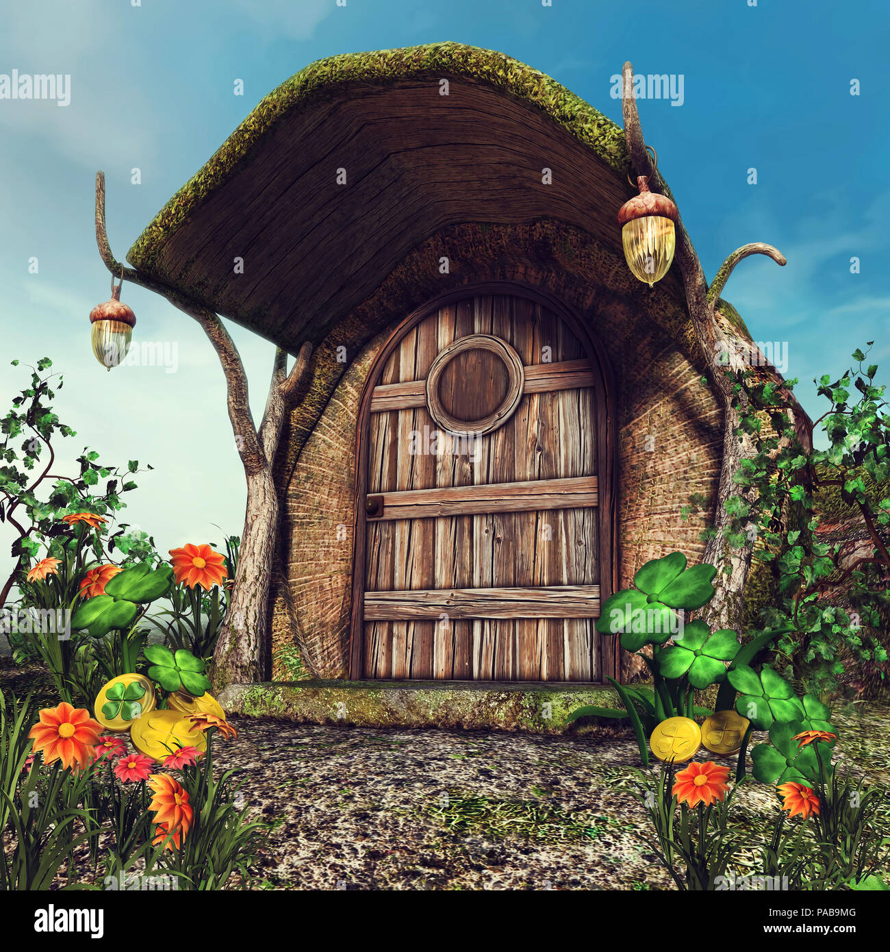 Fantasy tree trunk cottage with colorful flowers, clover and coins. 3D ...
