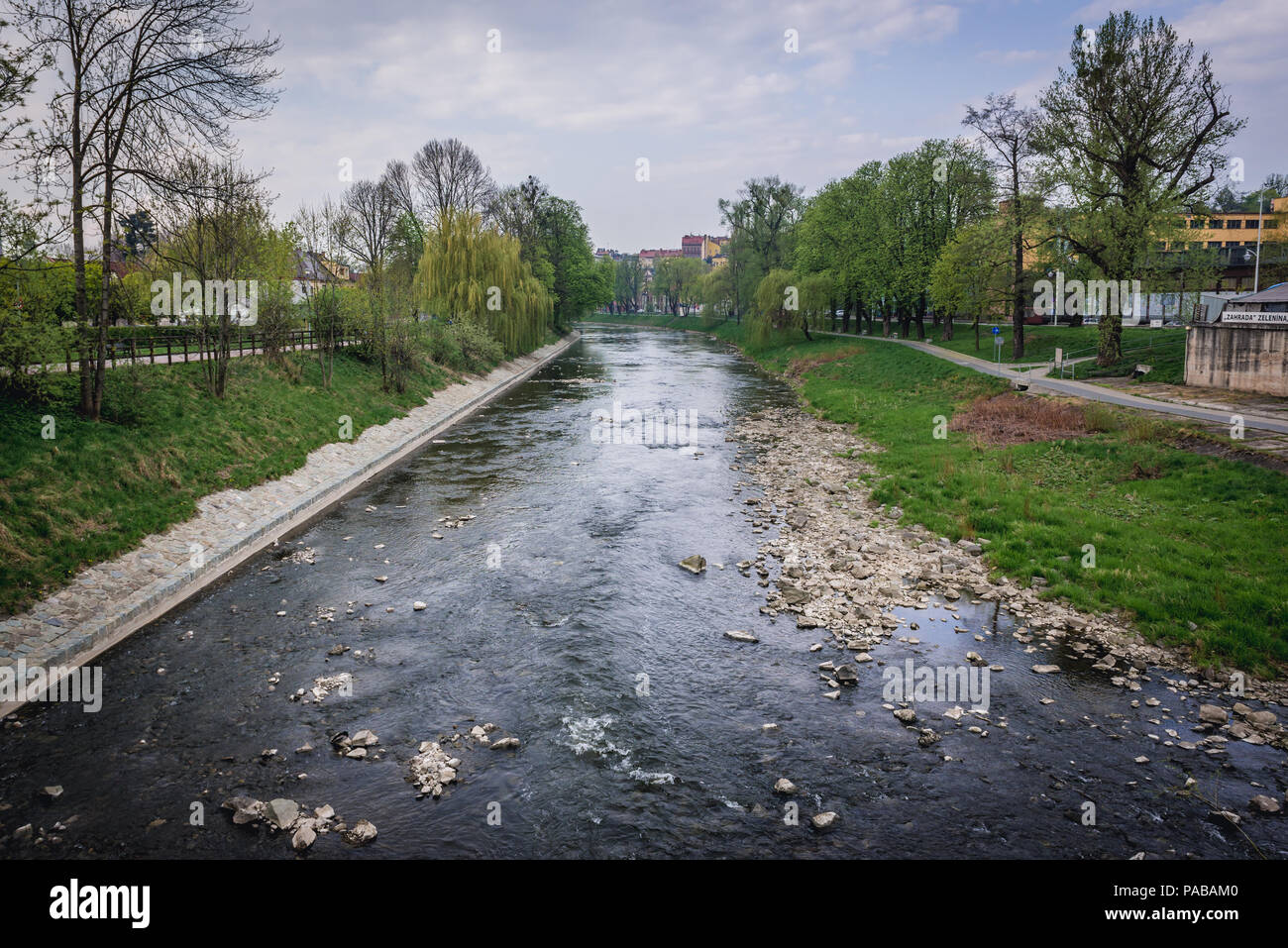 Olsa River, natural border between Cesky Tesin city in the Moravian ...
