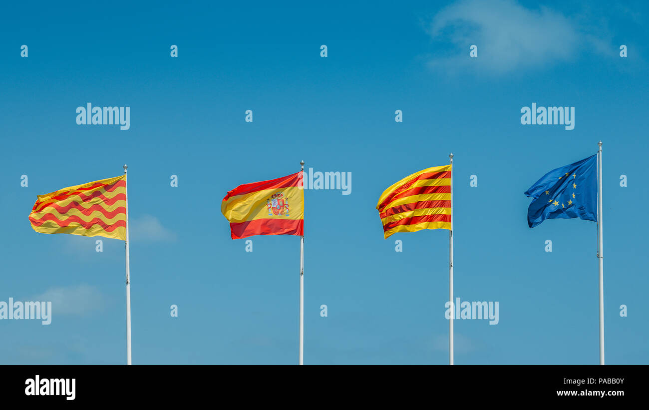 European Union, Catalonian, Spanish and Tarragonian flags flying on a ...