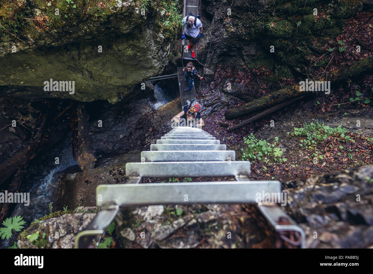 Tourists on the trail in Sucha Bela canyon in Slovak Paradise National ...