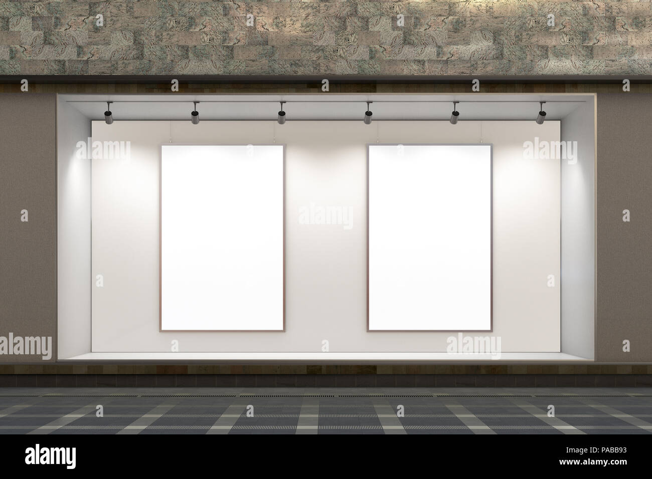 Empty store window at night. Two blank posters in illuminated ...