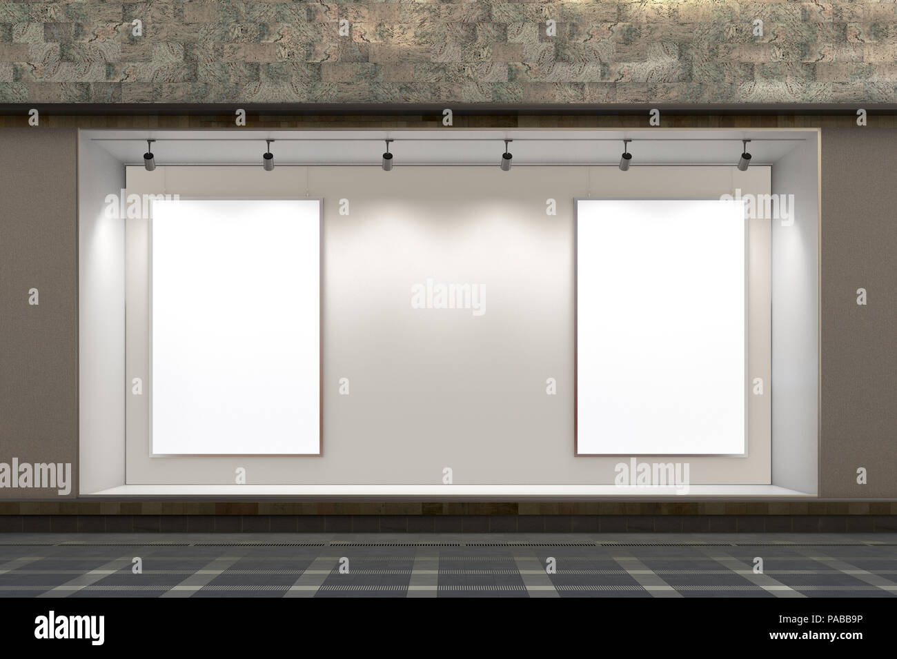 Empty store window at night. Two blank posters in illuminated ...