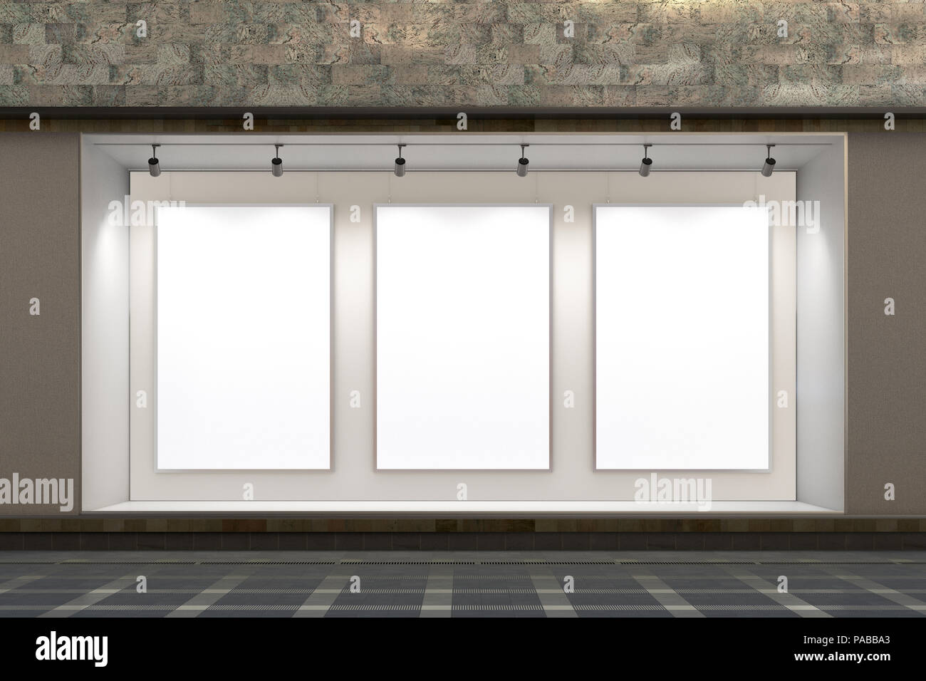 Empty store window at night. Thre blank posters in illuminated ...