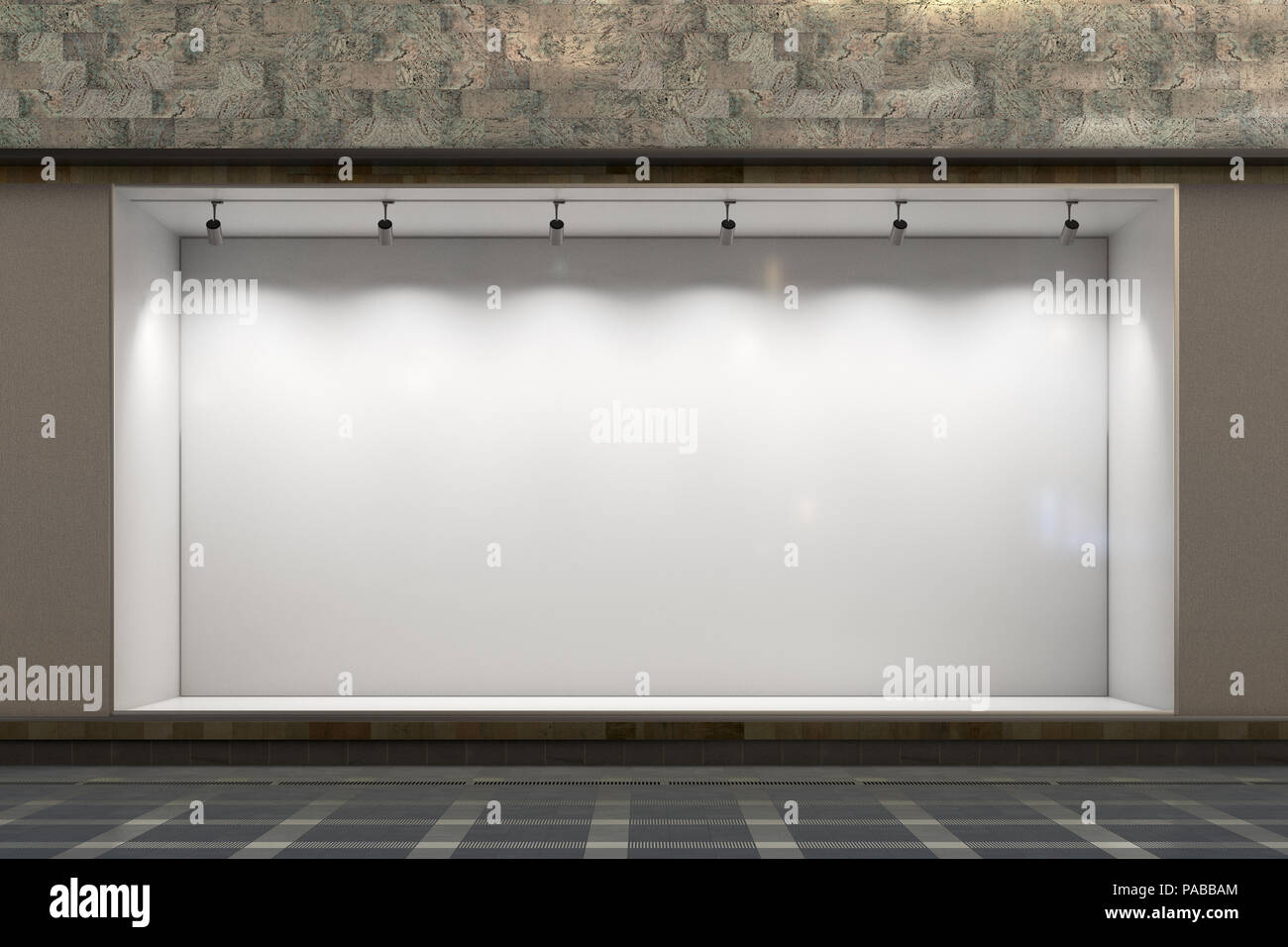 Empty store window at night. Illuminated storefront showcase. 3d ...