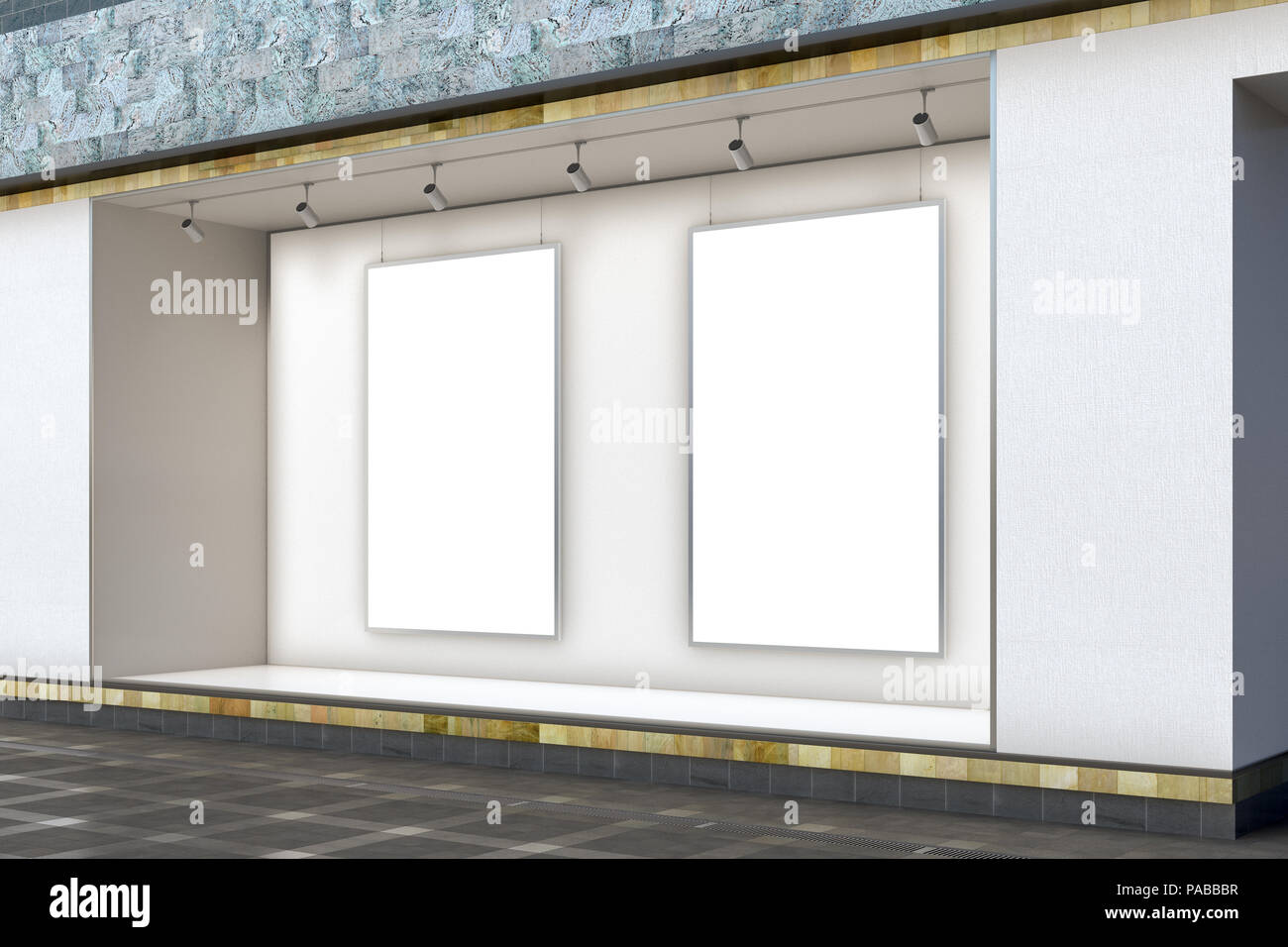 Empty store window at day. Two blank vertical posters in storefront ...