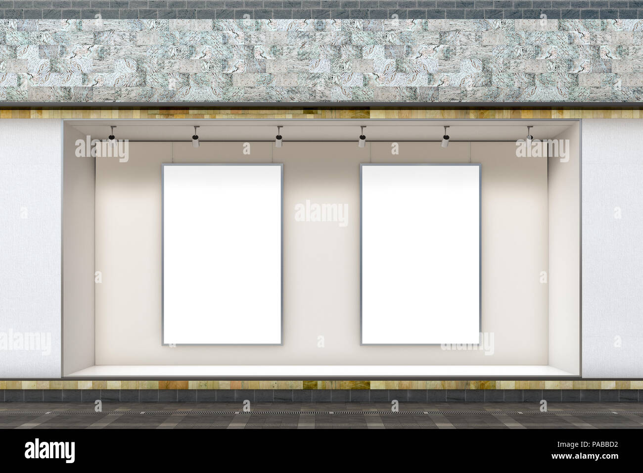 Empty store window at day. Two blank vertical posters in storefront ...