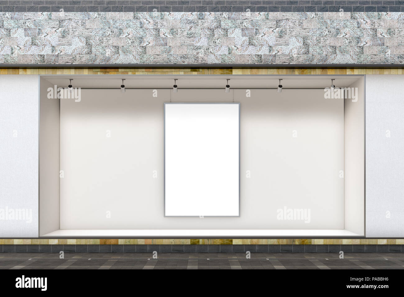 Empty store window at day. Blank vertical posters in storefront ...