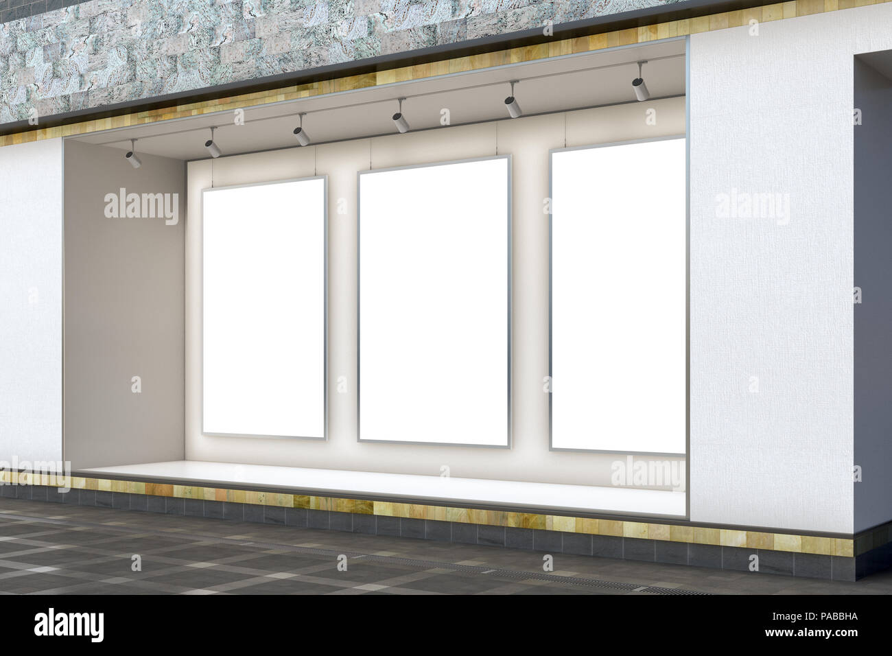 Empty store window at day. Three blank vertical posters in storefront ...