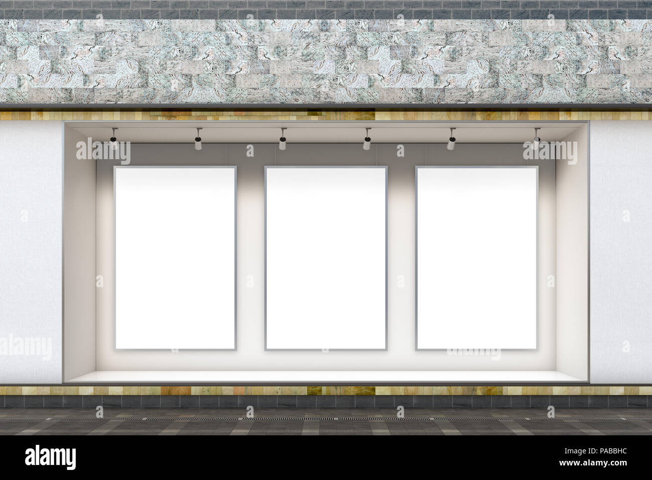 Empty store window at day. Three blank vertical posters in storefront ...