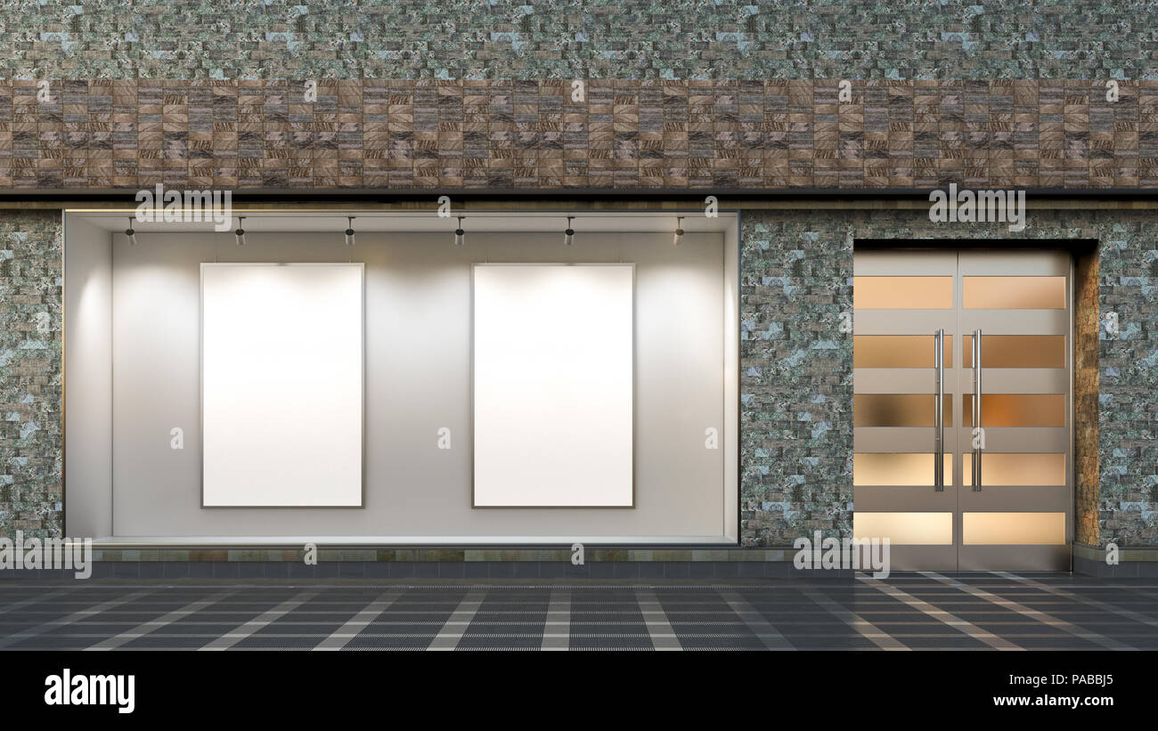Empty store window and entrance. Two blank posters in illuminated ...