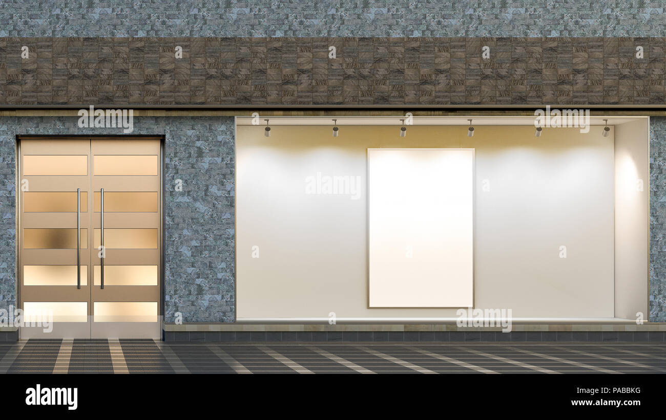 Empty store window and entrance. blank poster in illuminated storefront ...