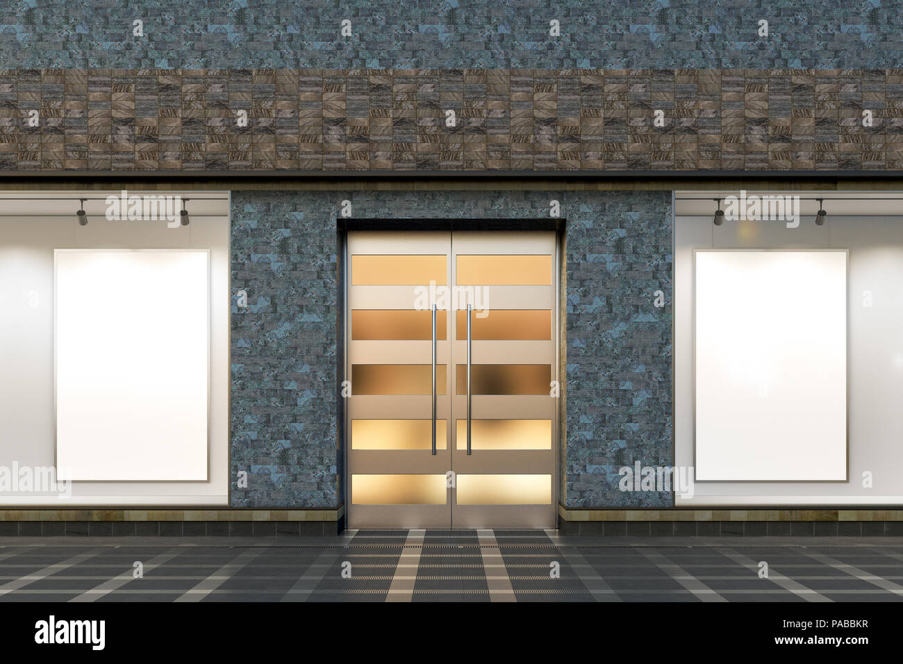 Empty store window and entrance. Two blank posters in illuminated ...