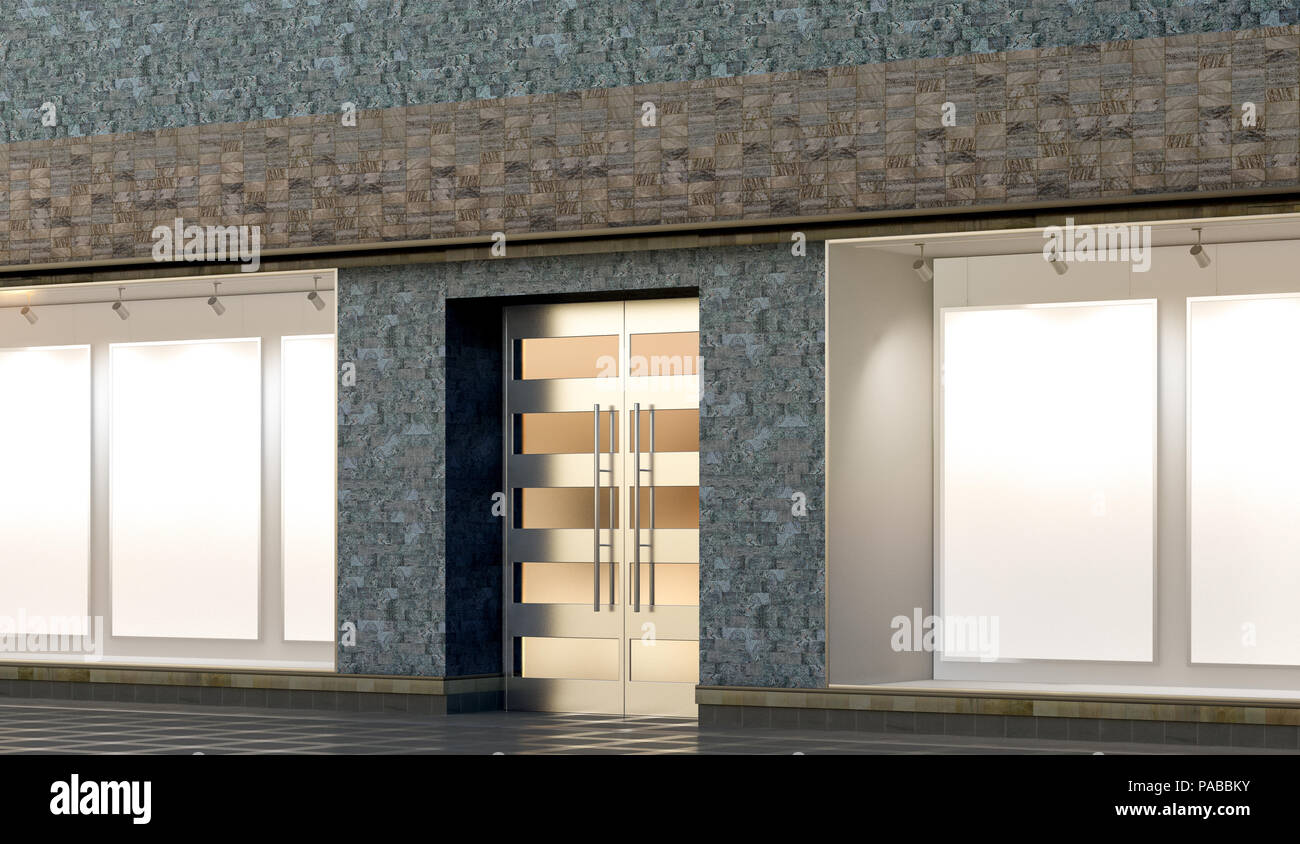 Empty store window and entrance. Blank posters in illuminated ...