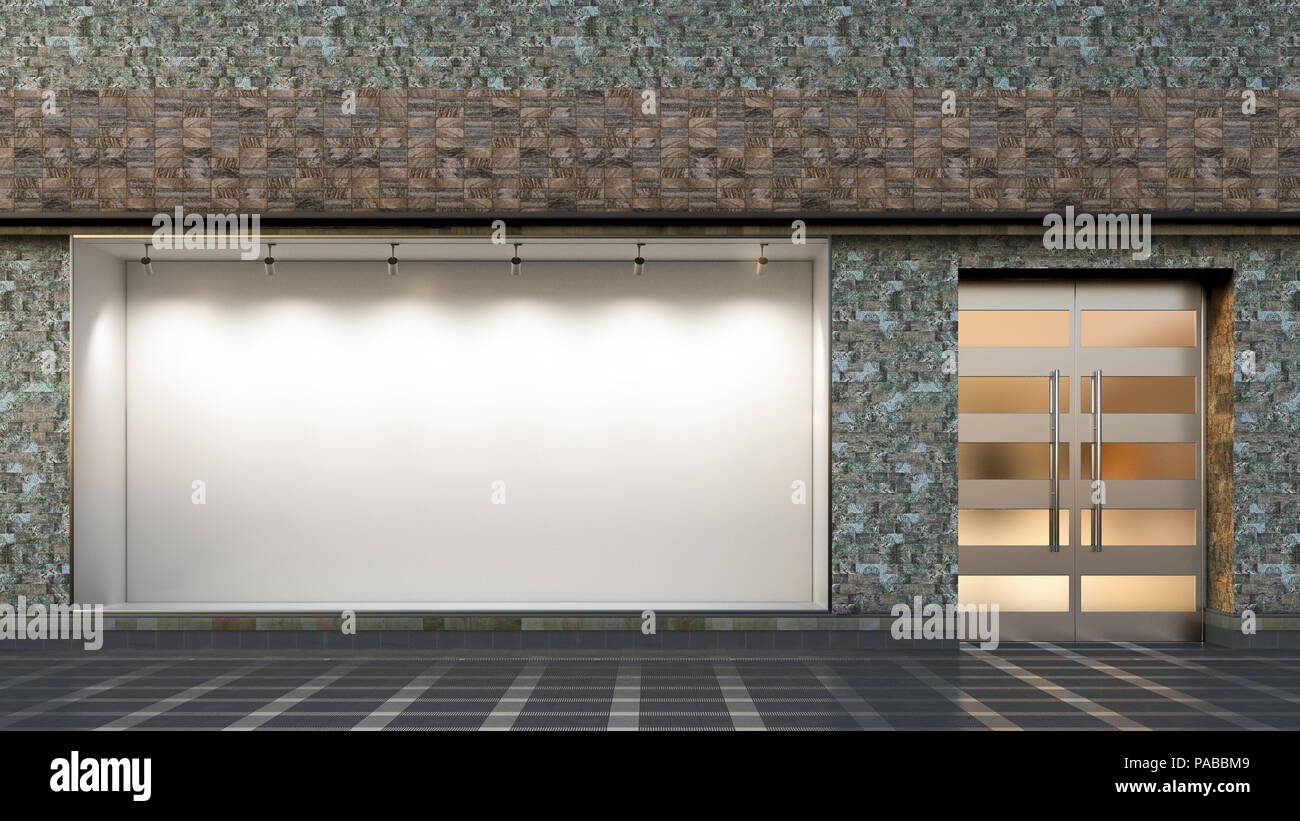 Empty store window and entrance. Blank illuminated storefront showcase ...