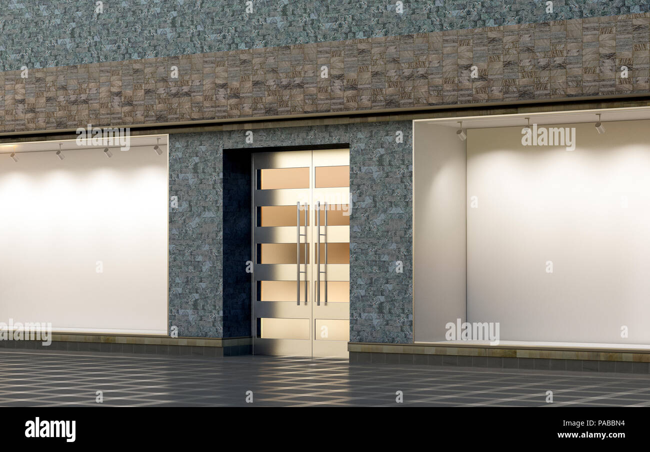 Empty store window and entrance. Blank illuminated storefront showcase ...