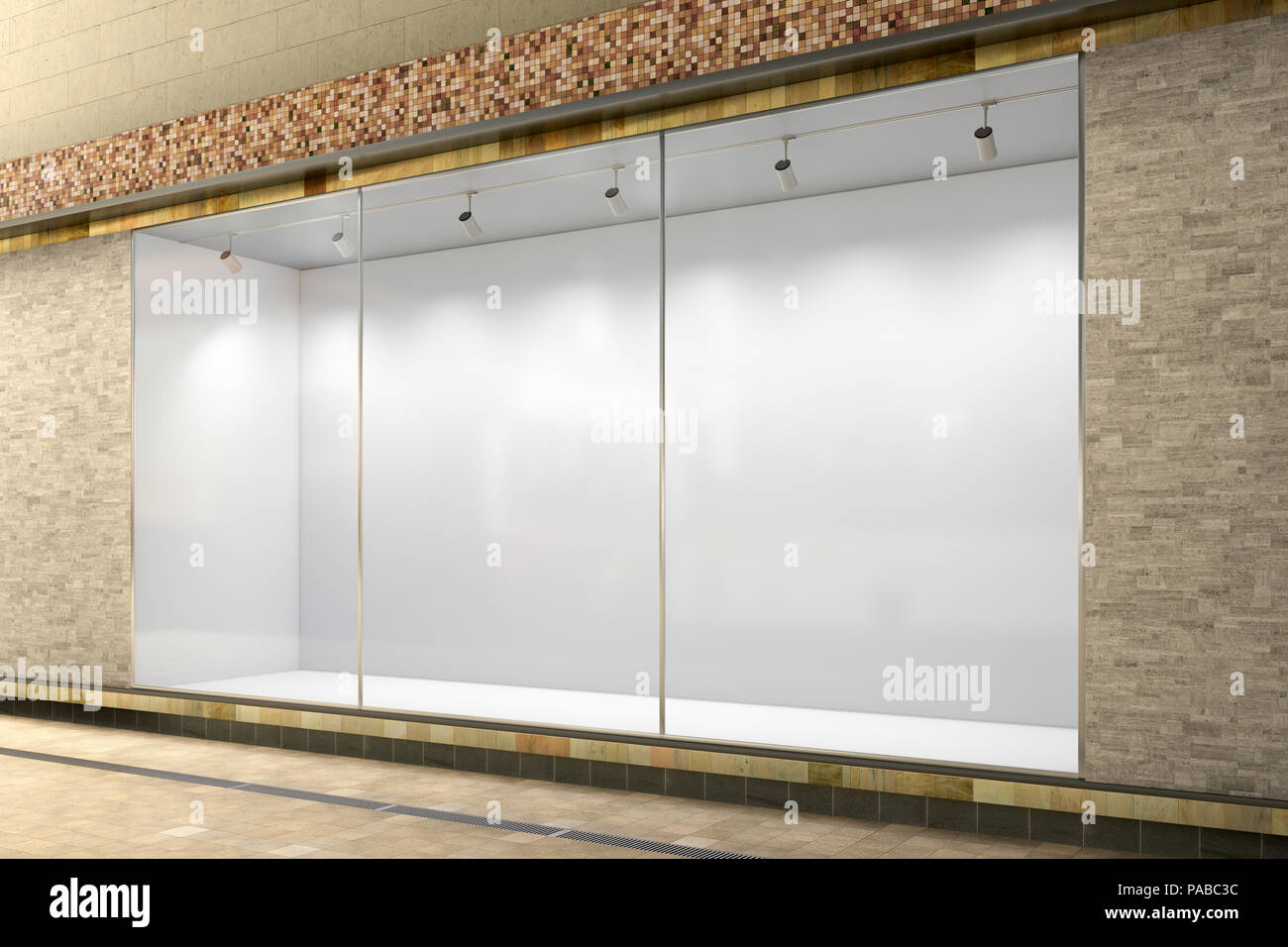 Empty store window. Blank illuminated storefront showcase. 3d ...