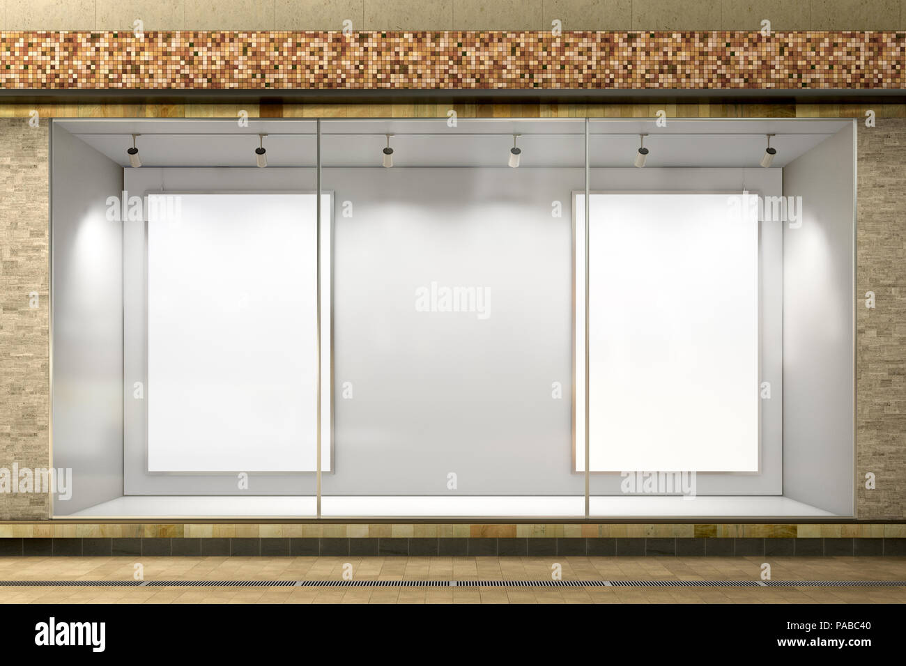 Empty store window. Two blank posters in illuminated storefront ...