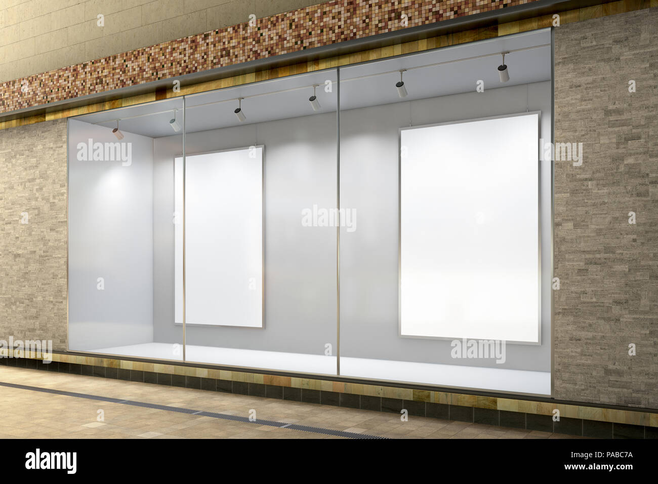 Empty store window. Two blank posters in illuminated storefront ...