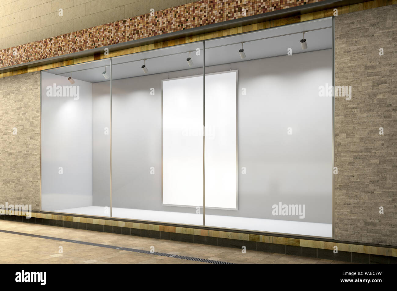 Empty store window. blank poster in illuminated storefront showcase. 3d ...