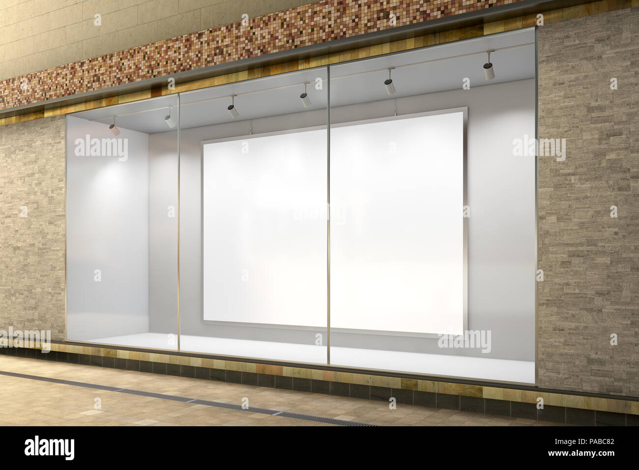 Empty store window. Blank horizontal poster in illuminated storefront ...