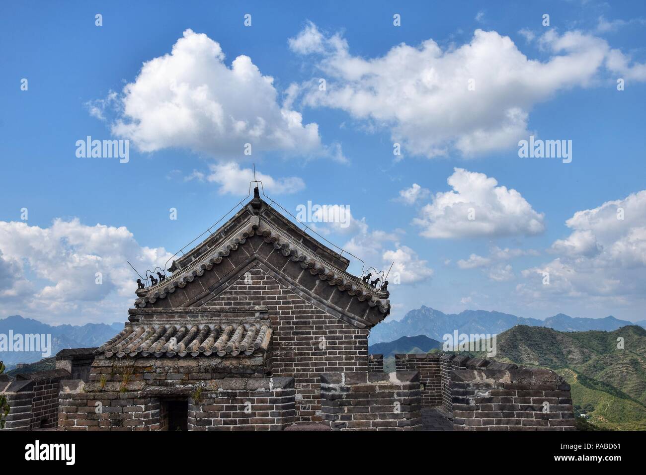 The Chinese Great Wall and its watchtower, section near Beijing, blue ...