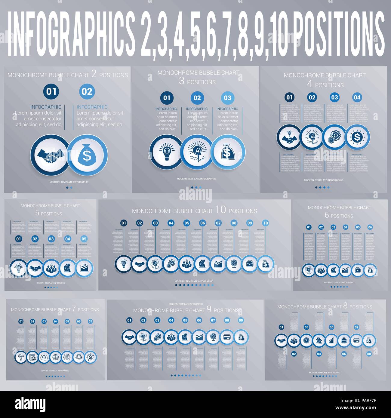 Infographic monochrome bubbles chart. Templates for 2, 3, 4, 5, 6, 7, 8 ...
