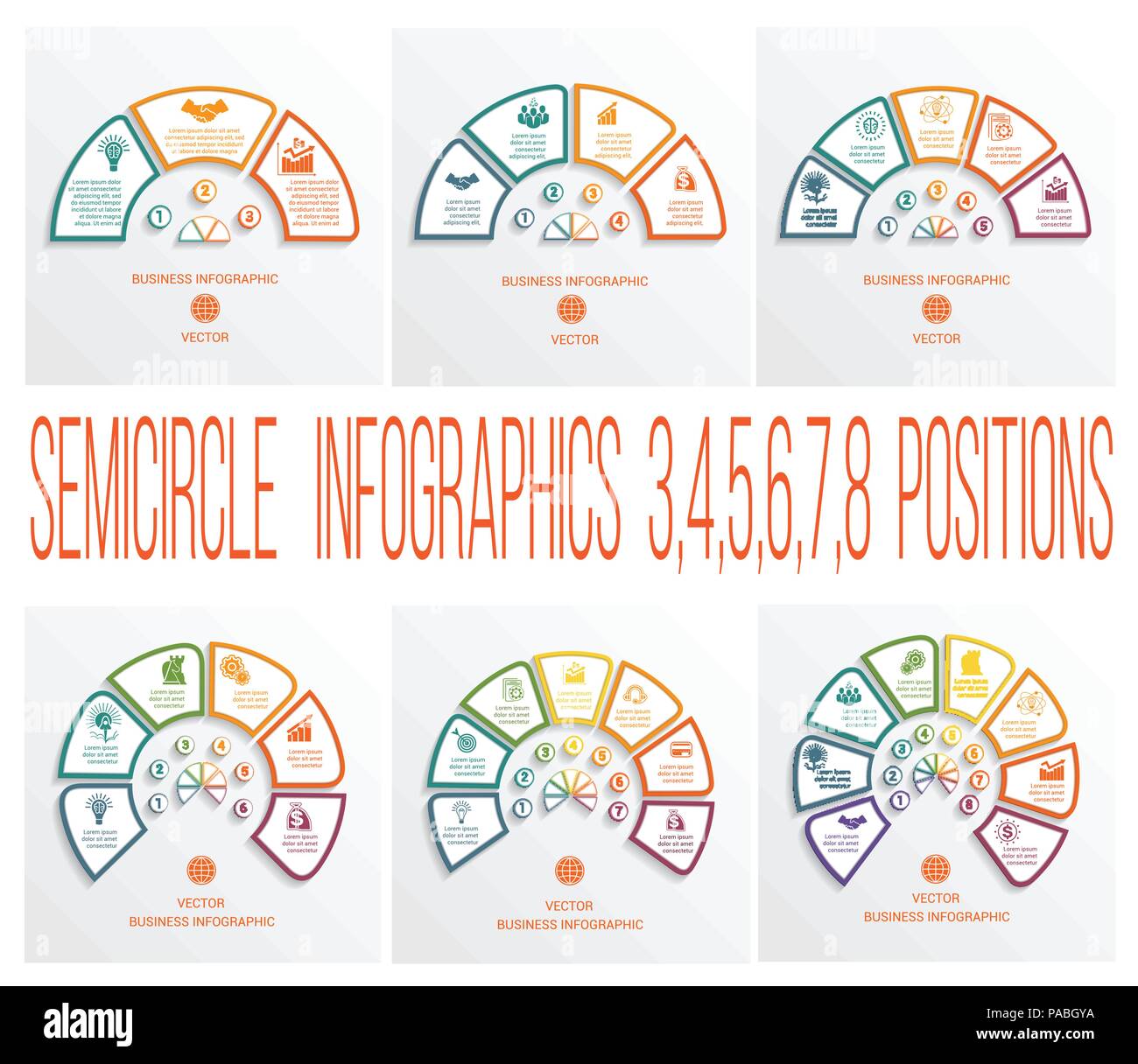 Vectors semicircles infographics templates 3, 4, 5, 6, 7, 8 positions ...