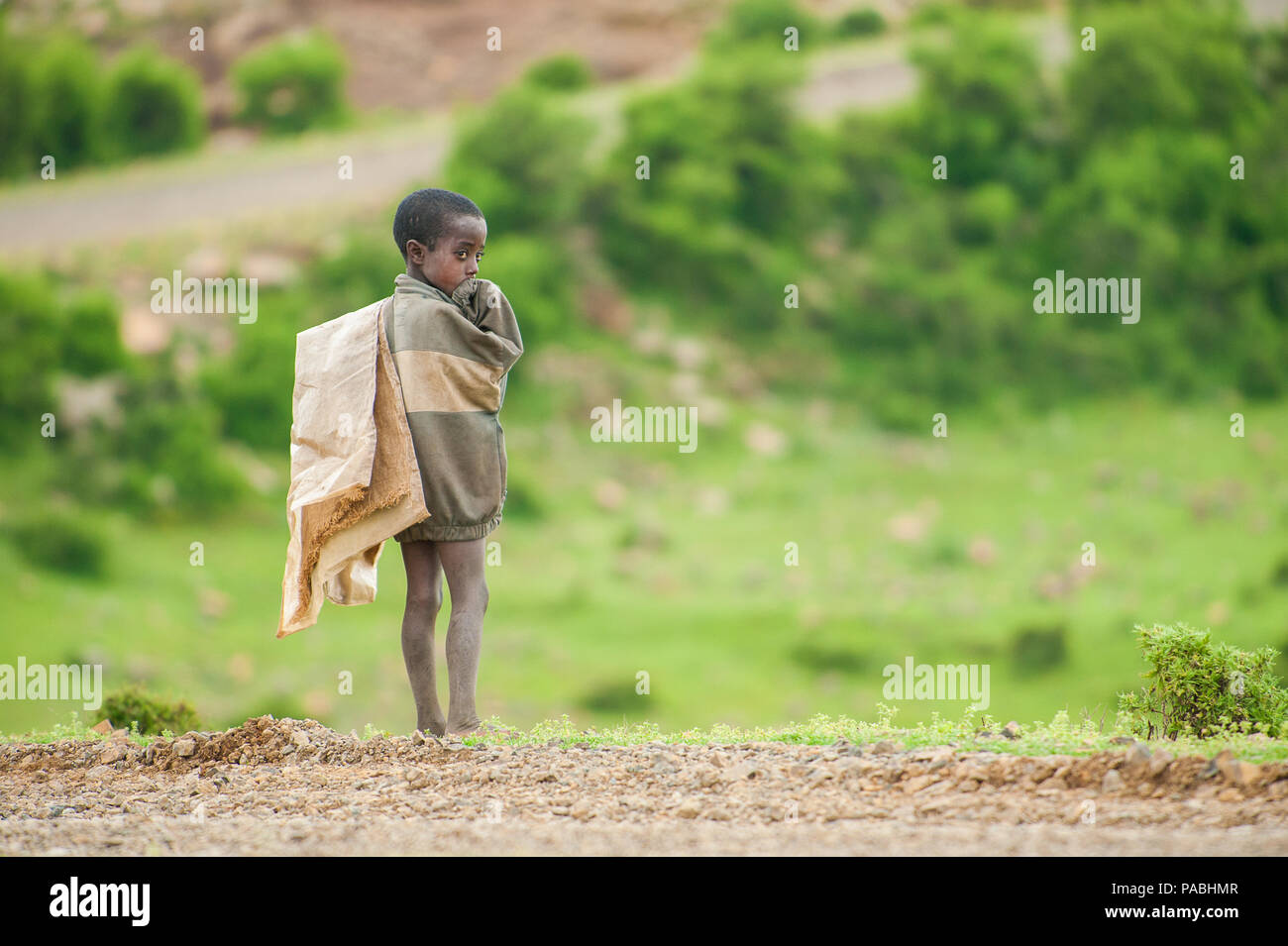 AKSUM, ETHIOPIA - SEPTEMBER 22, 2011: Unidentified Ethiopian boy walks ...