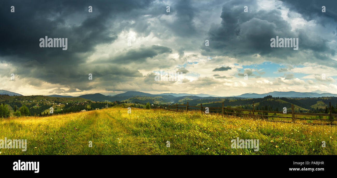 Mountain storm landscape. Dramatic overcast sky. Summer rain. Blooming ...
