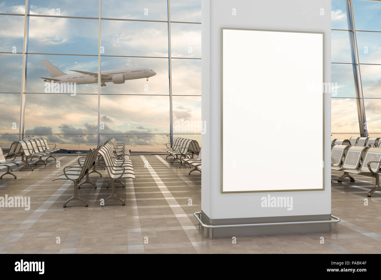 Airport departure lounge. Blank vertical poster and airplane on ...