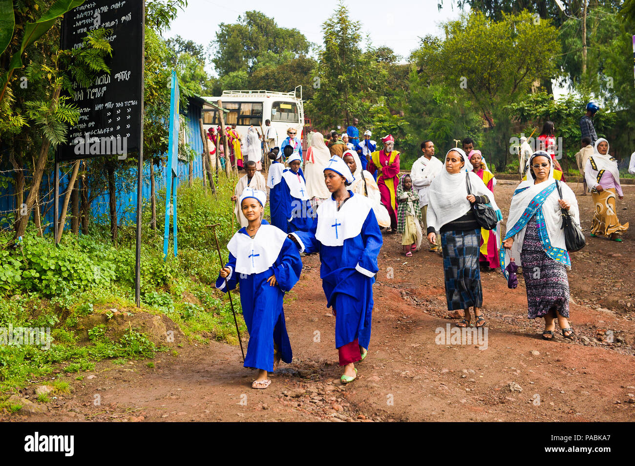 LALIBELA, ETHIOPIA - SEP 27, 2011: Unidentified dressed people come to ...