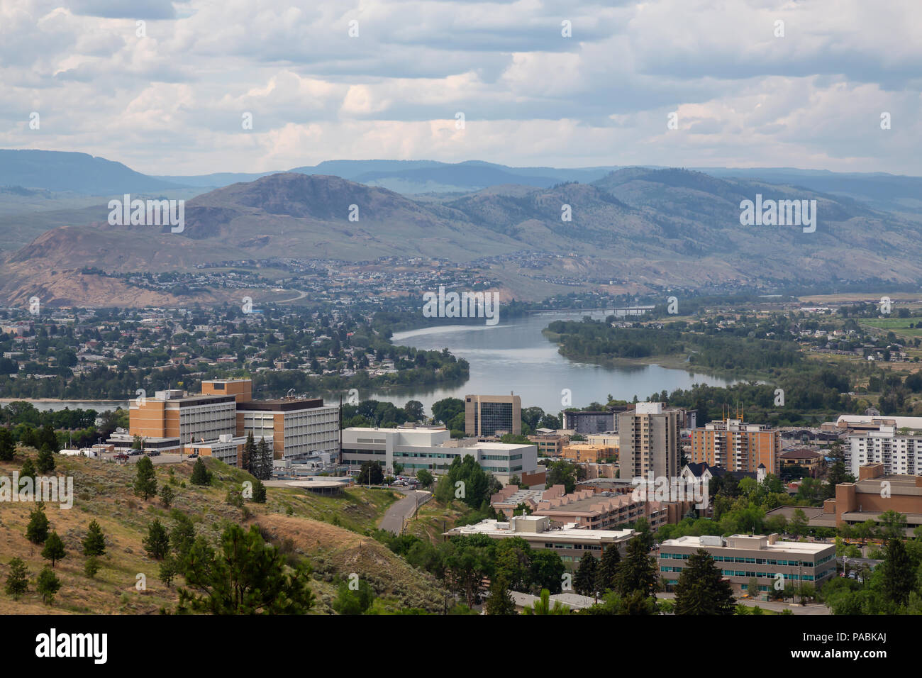 Aerial view of Kamloops City during a cloudy summer day. Located in ...